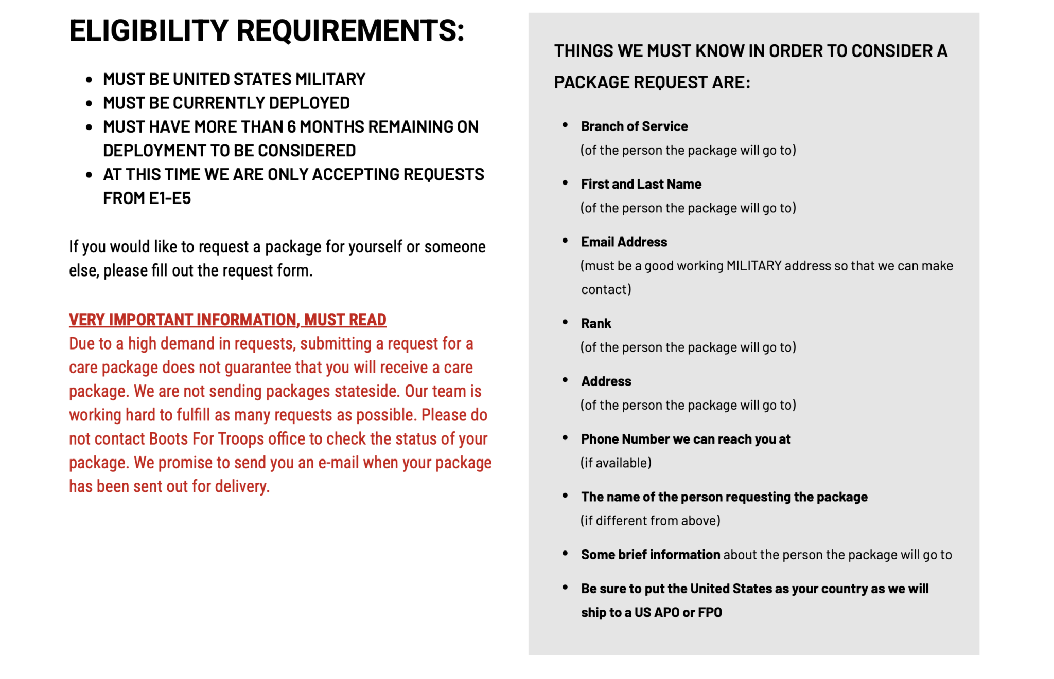 Care Package Program - Boots For Troops